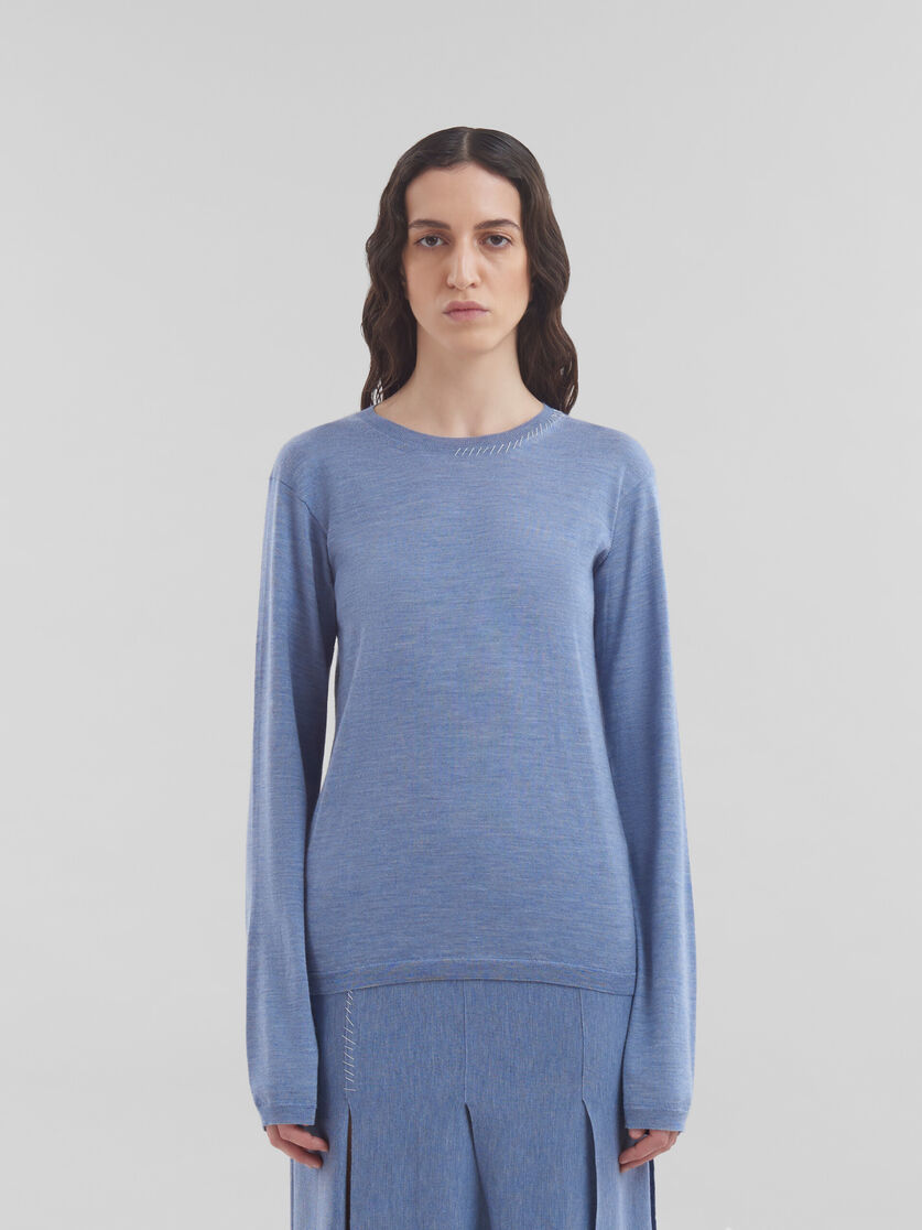 Blue wool-silk crew-neck jumper with Marni mending | Marni
