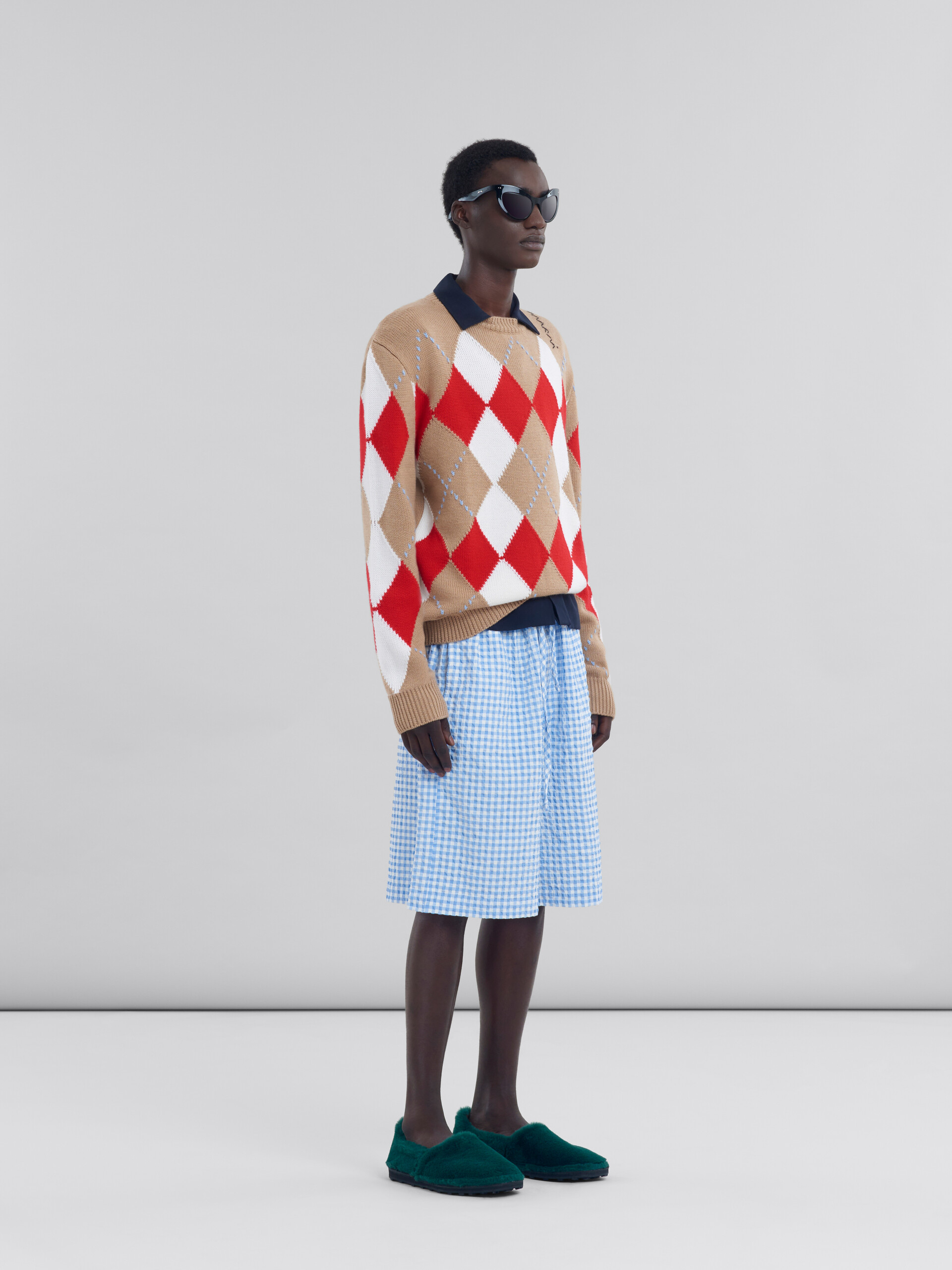 Jersey de lana beige con cuello redondo y estampado Argyle | Marni