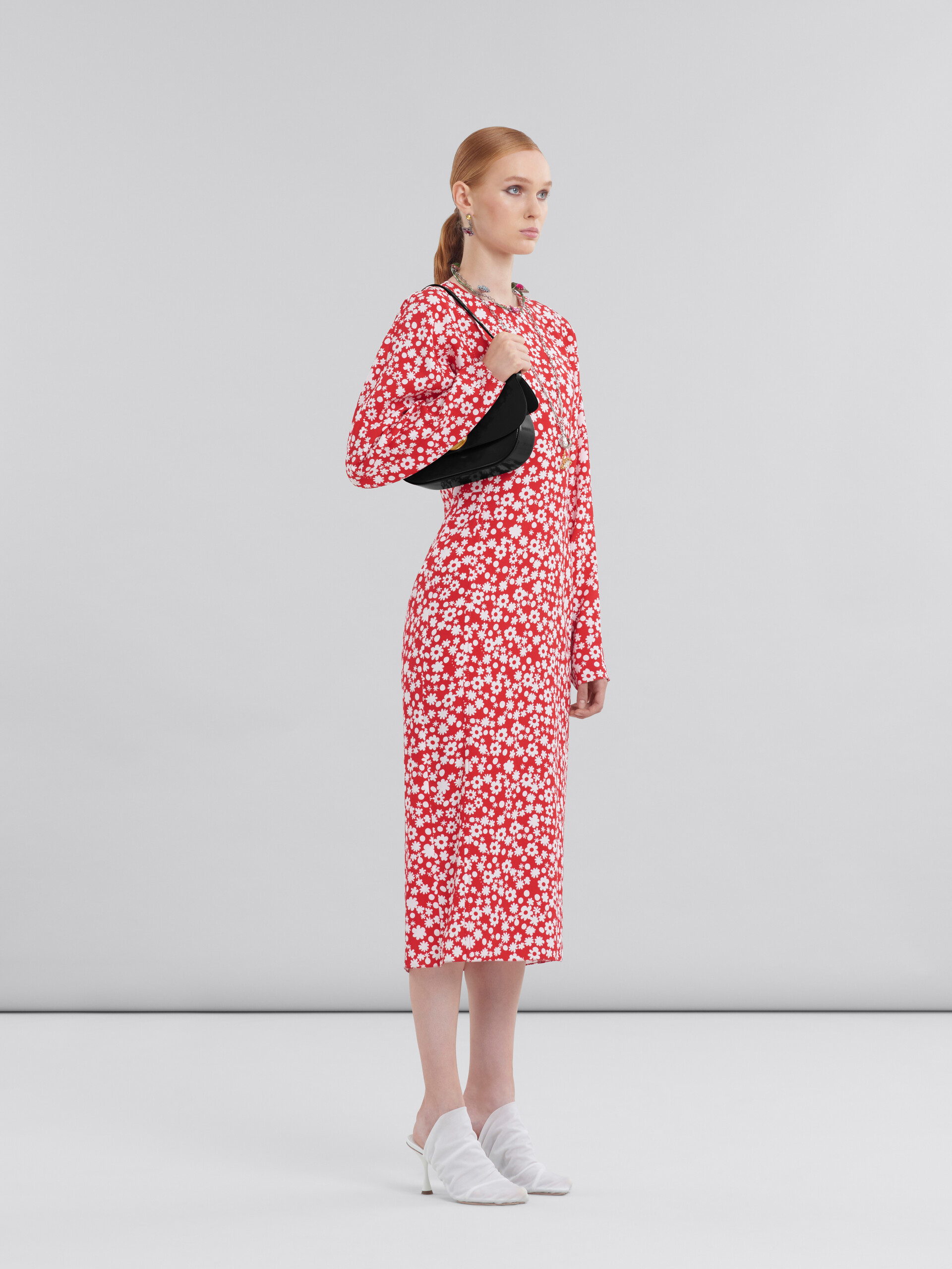 Robe midi avec motif Pop Fields rouge et blanc | Marni