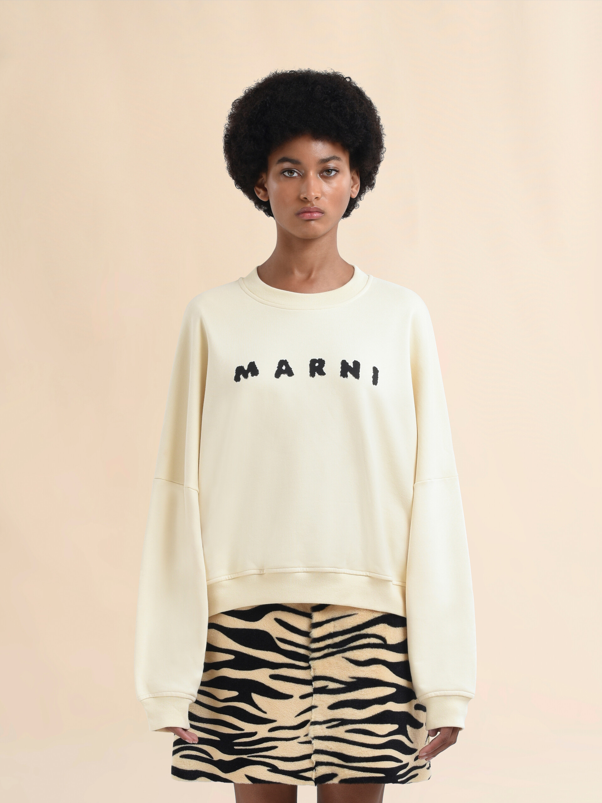 Ivory cotton crewneck T-shirt with printed Marni logo | Marni