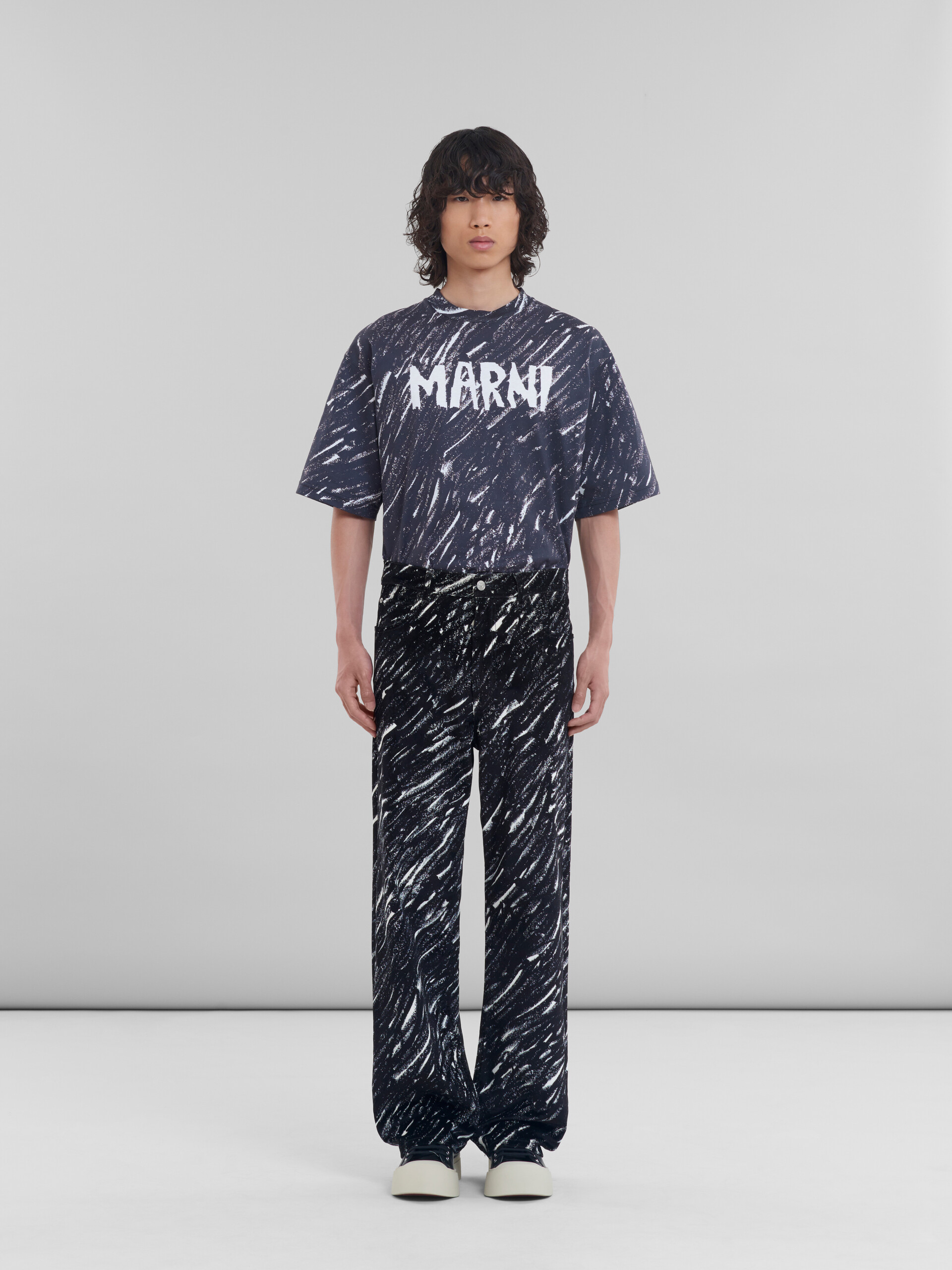 Black flocked denim wide-leg jeans with Crayon print | Marni